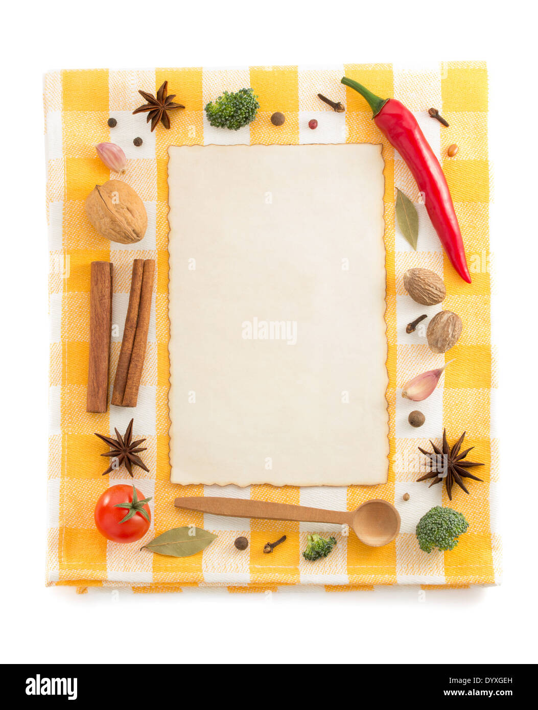 food ingredients and paper isolated on white background Stock Photo - Alamy