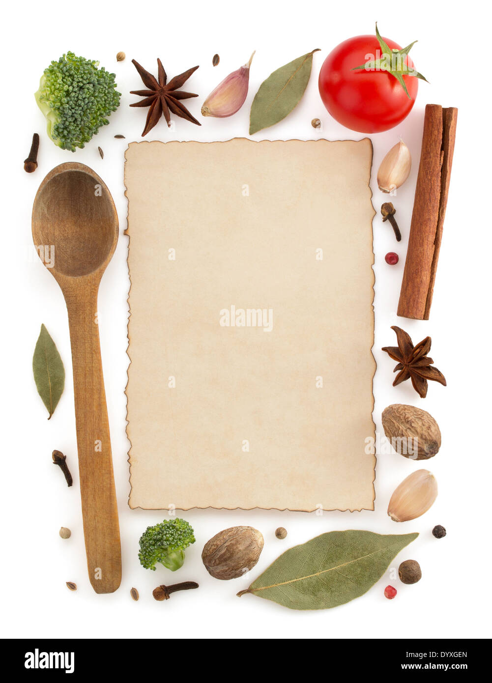 food ingredients and parchment isolated on white background Stock Photo ...