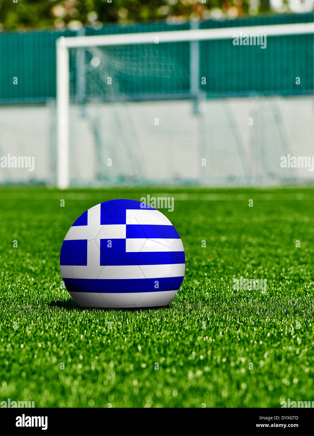 Soccer Ball with Greece Flag on the grass in stadium Stock Photo - Alamy