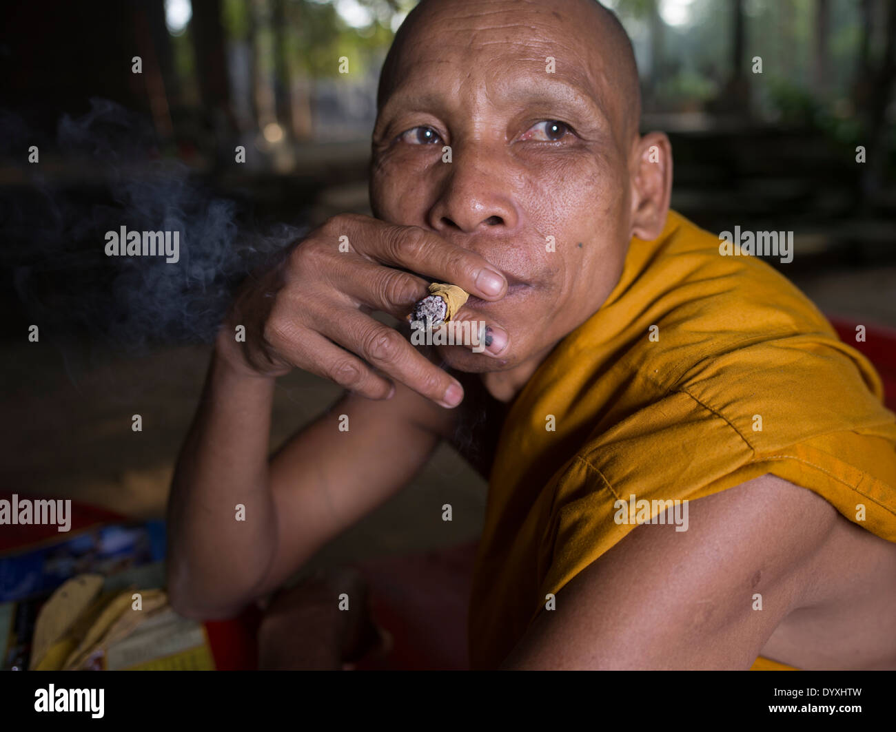 Cambodian Buddhist monk smoking a handrolled cigar made with sankai ...
