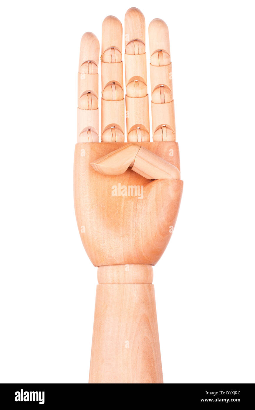 wooden hand is showing four fingers isolated on white background Stock ...