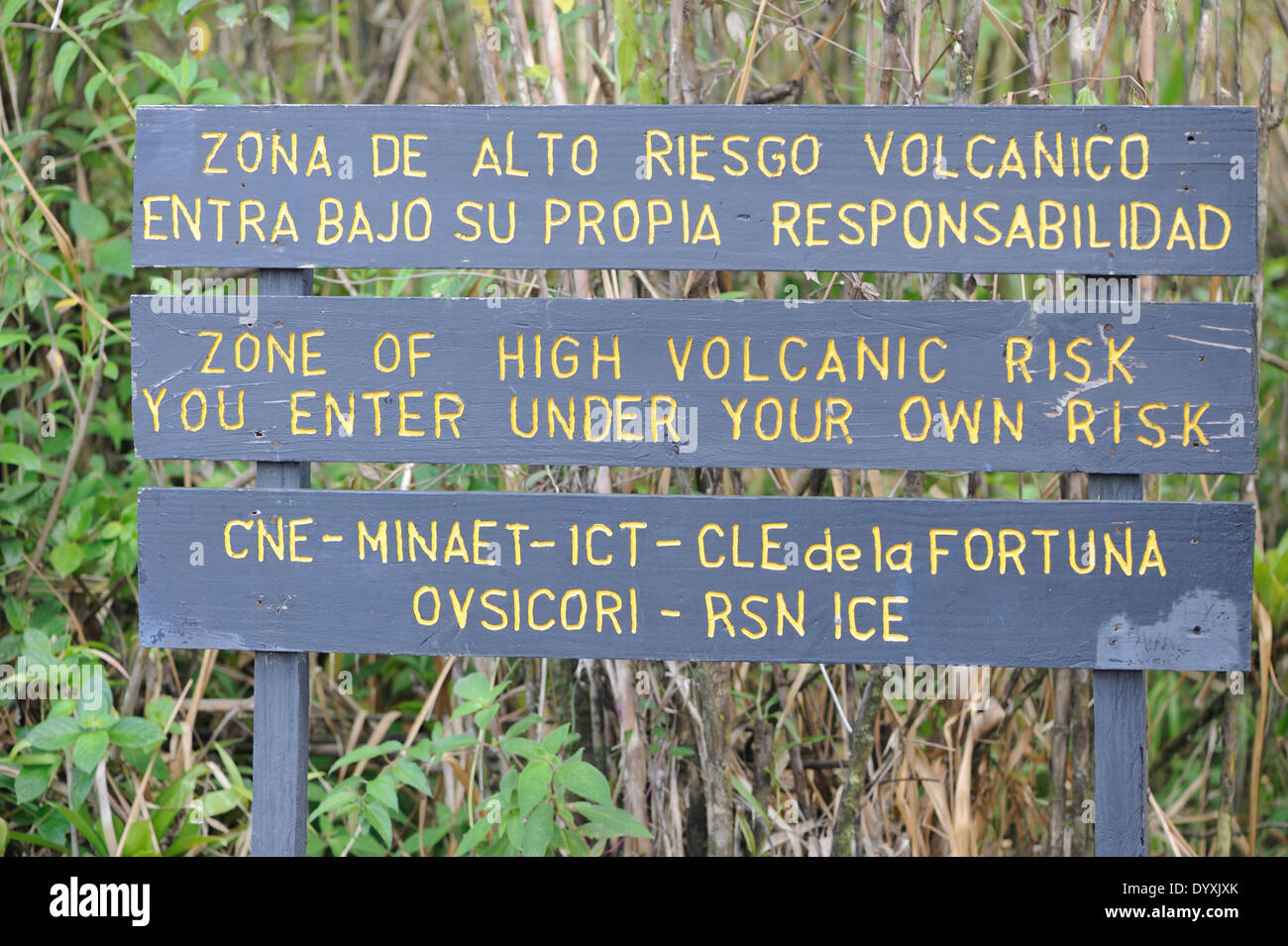 Sign warning that you are entering a zone of high volcanic risk, you ...
