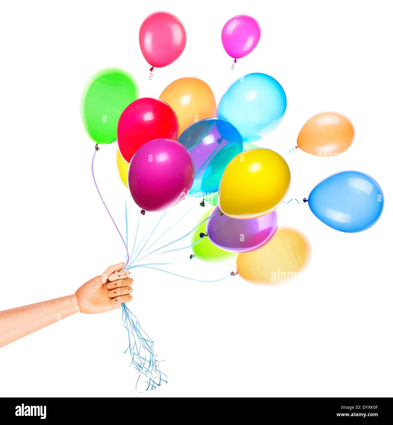 wooden hand gives flying balloons isolated. Holiday background Stock ...
