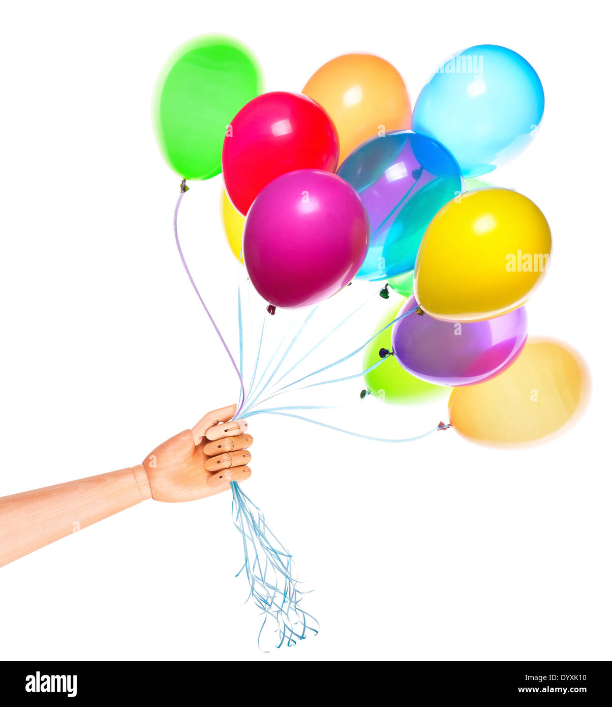 wooden hand gives flying balloons isolated. Holiday background Stock ...