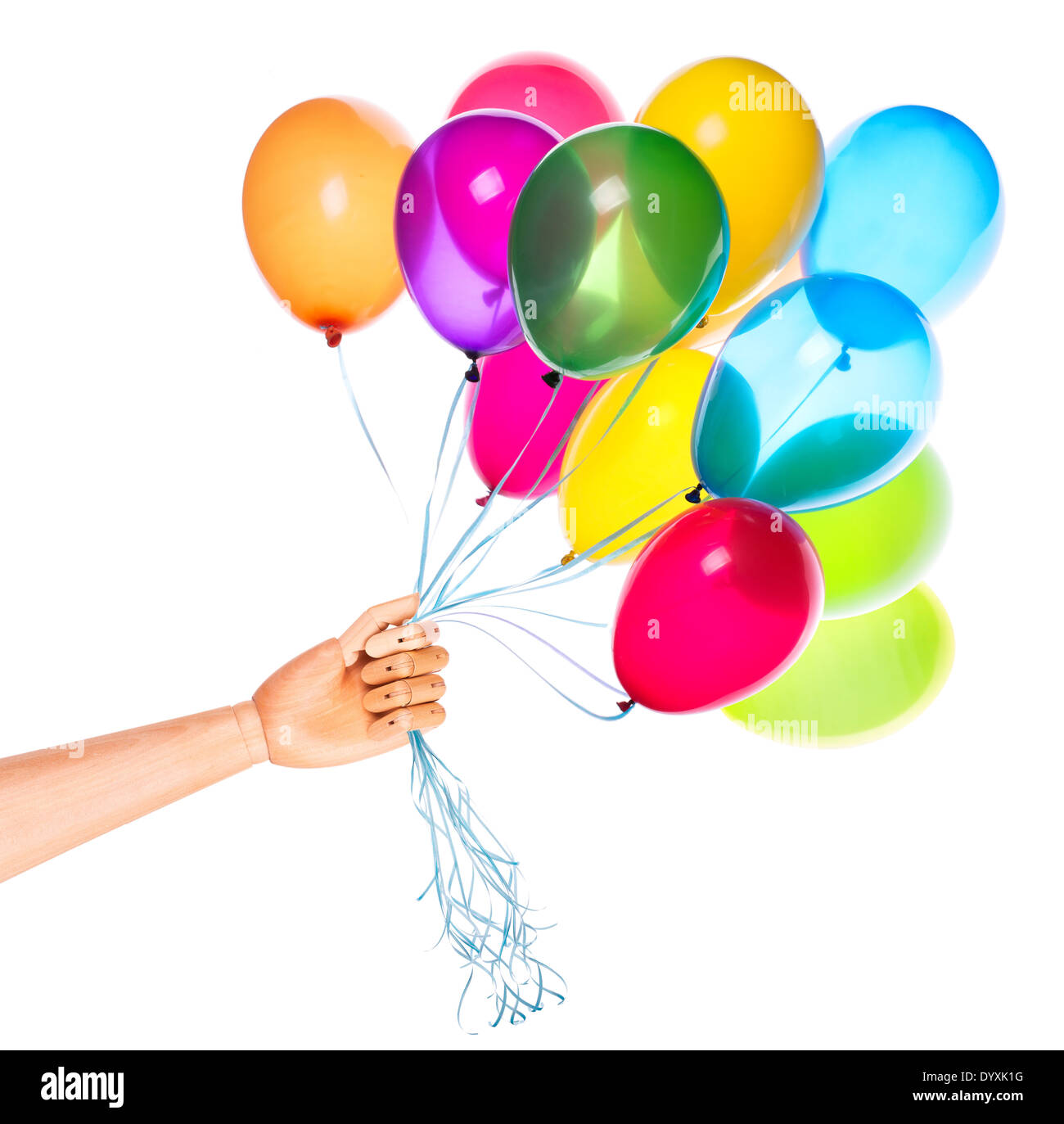wooden hand gives flying balloons isolated. Holiday background Stock ...