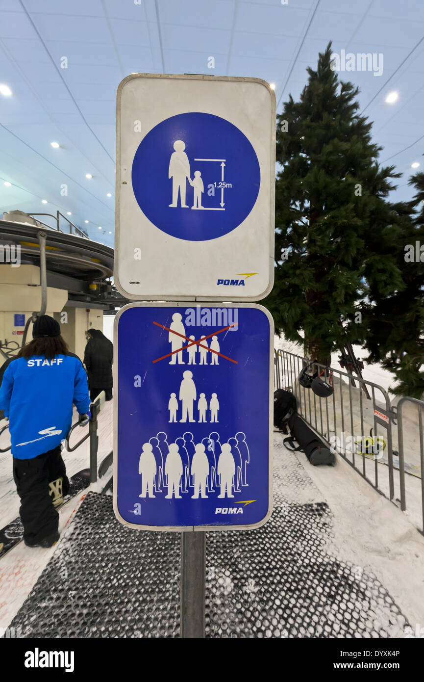 Safety Information signs at the chair lift area in the Ski Dubai resort ...