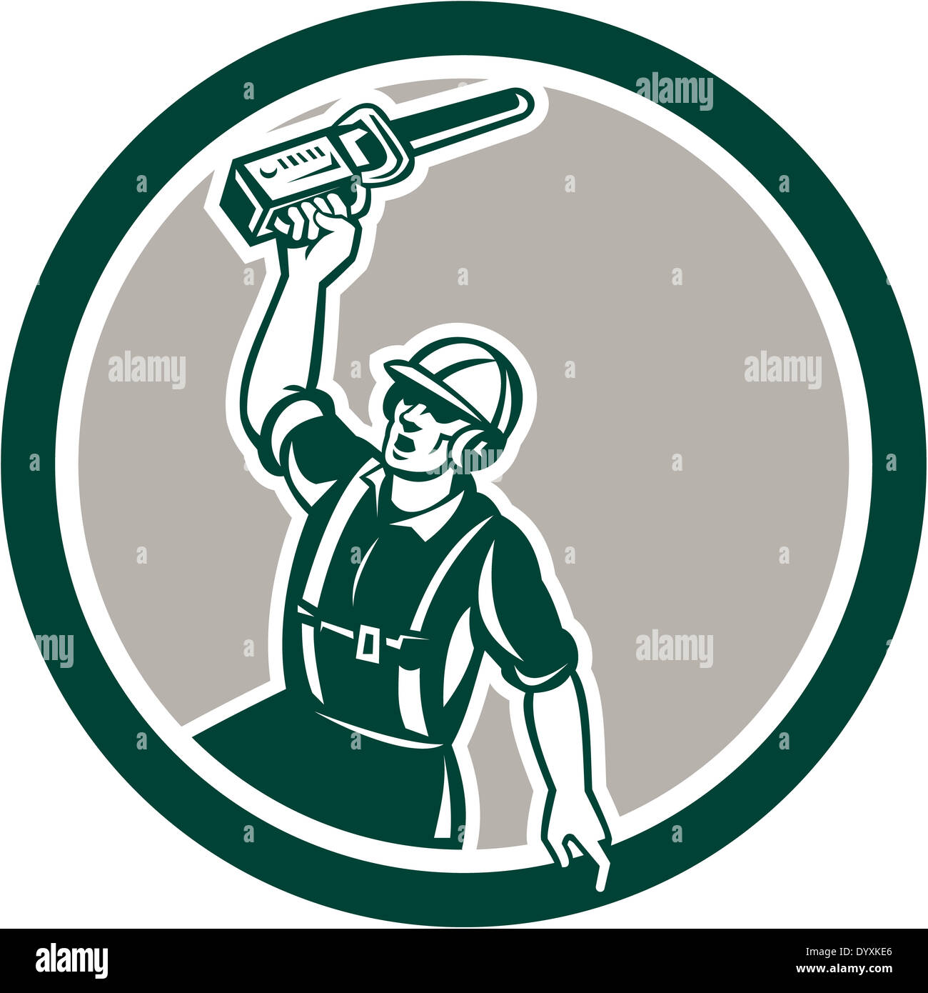 Illustration of lumberjack arborist tree surgeon holding a chainsaw set ...