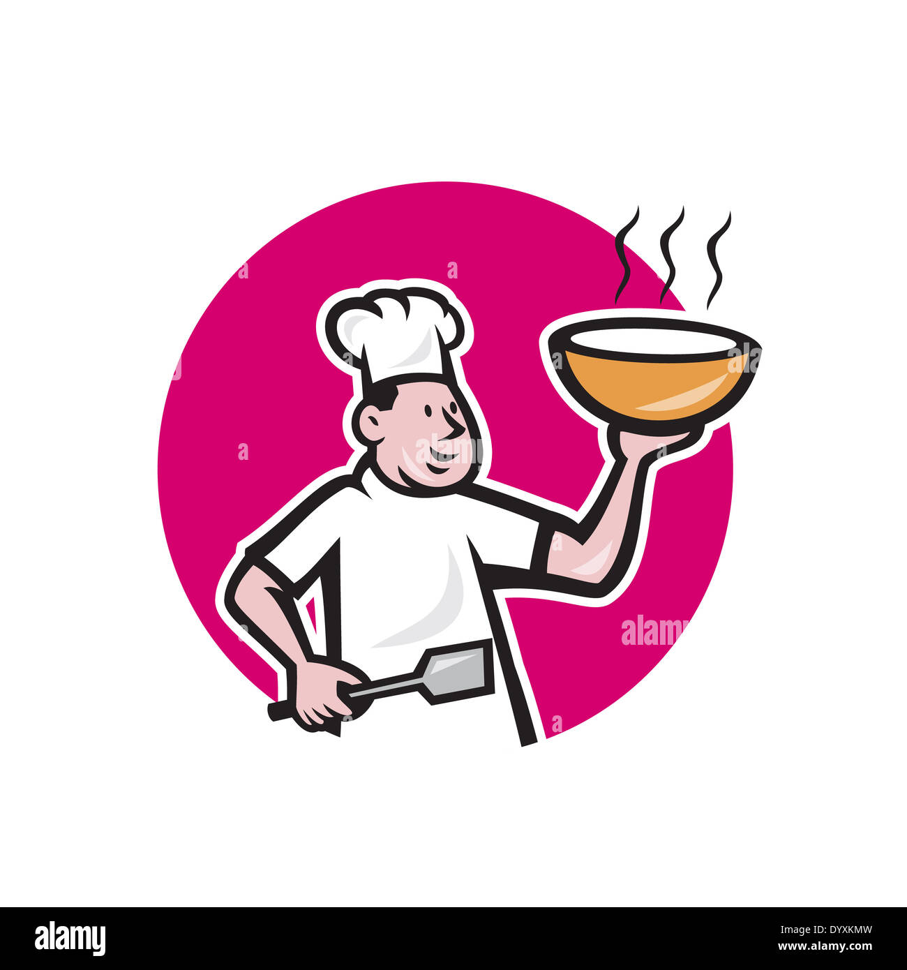 Illustration of a chef cook holding hot bowl of noodle soup viewed from ...