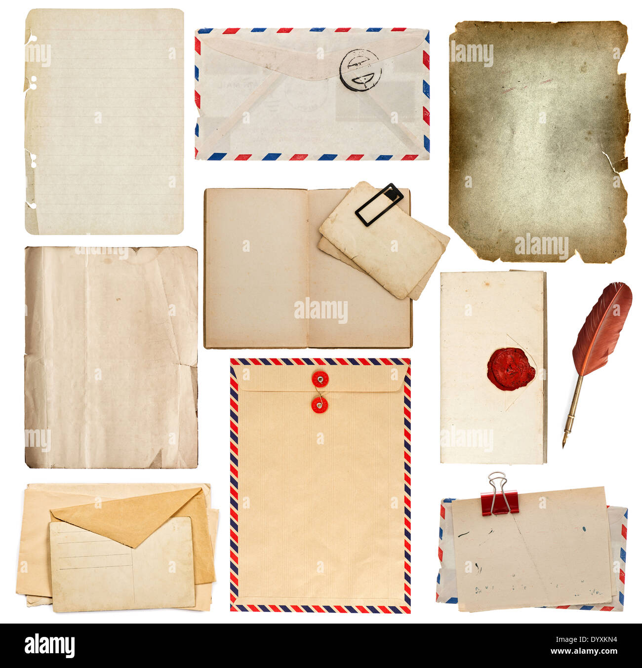 set of old paper sheets, book, envelope, card isolated on white ...