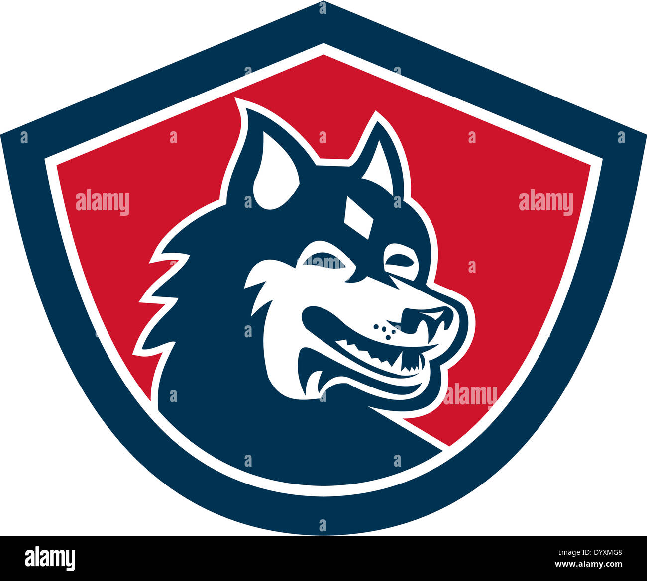Illustration of a Siberian Husky dog head set inside shield crest shape ...
