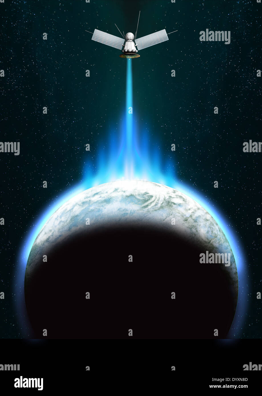 Satellite over Earth and Blue rays Stock Photo - Alamy