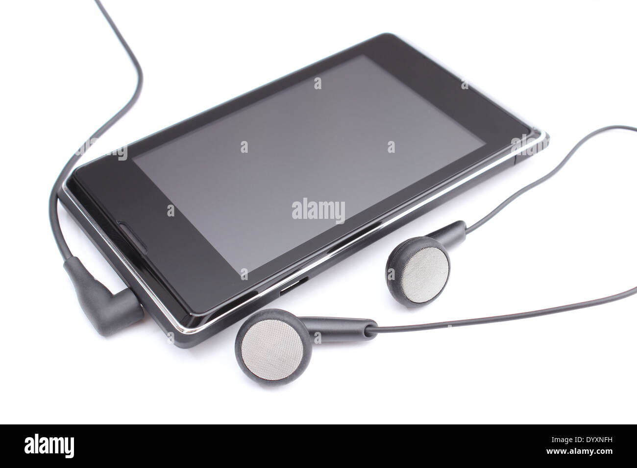 Modern mobile phone with connected headphones isolated on white ...