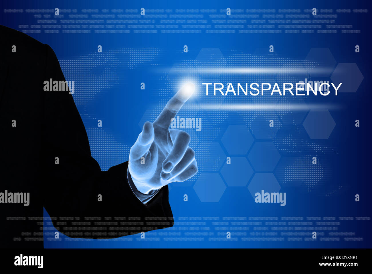 business hand pushing transparency button on a touch screen interface ...