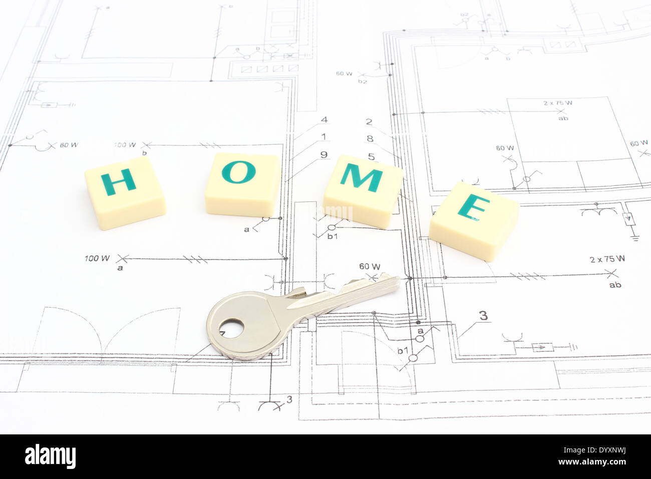 Silver key and word home lying on construction drawing of house Stock ...