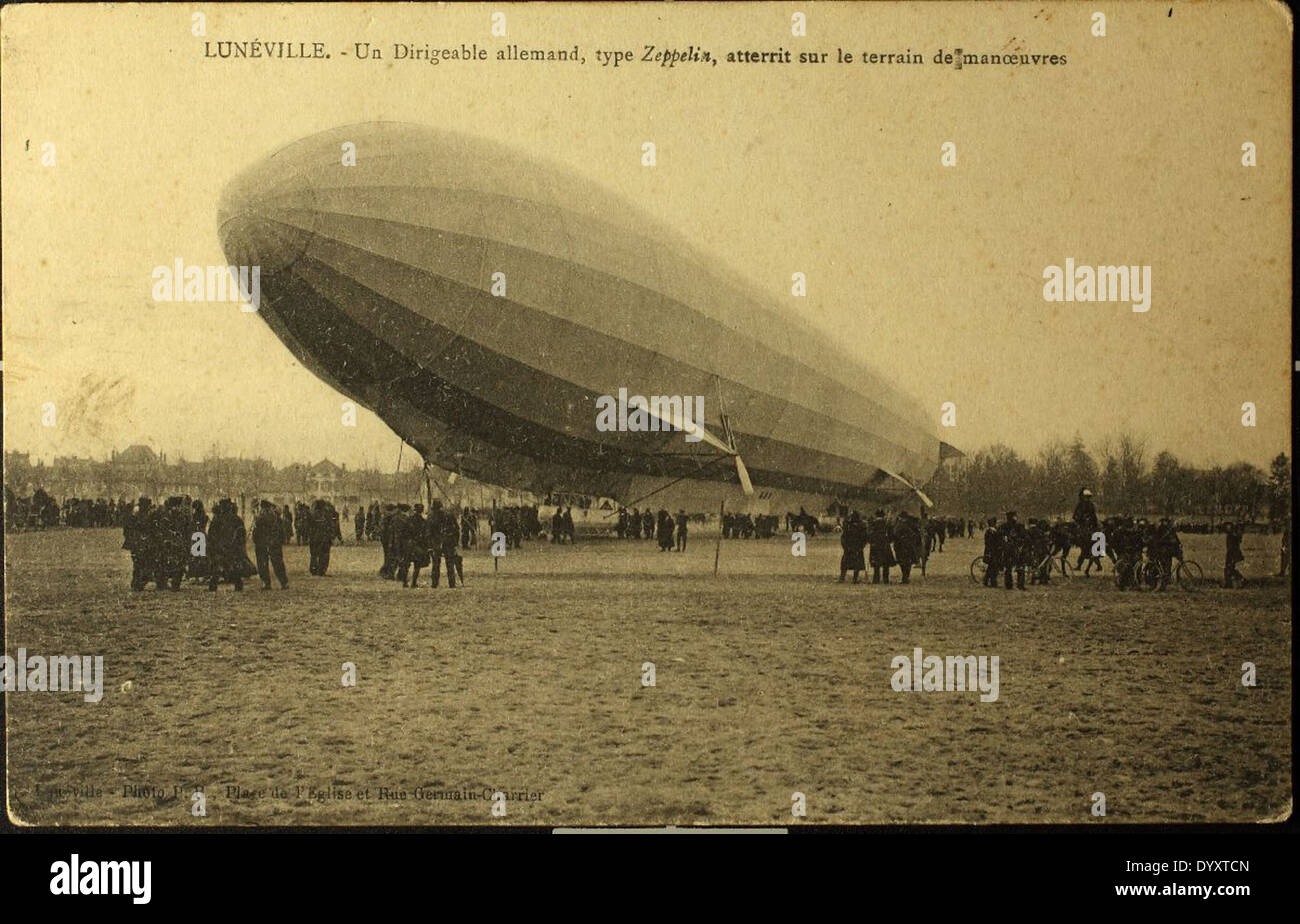 A historical postcard depicting a Zeppelin over Luneville, a town in ...