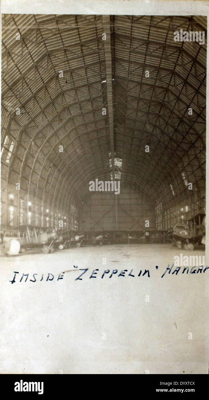 This vintage postcard shows the interior of a Zeppelin hangar, used for ...