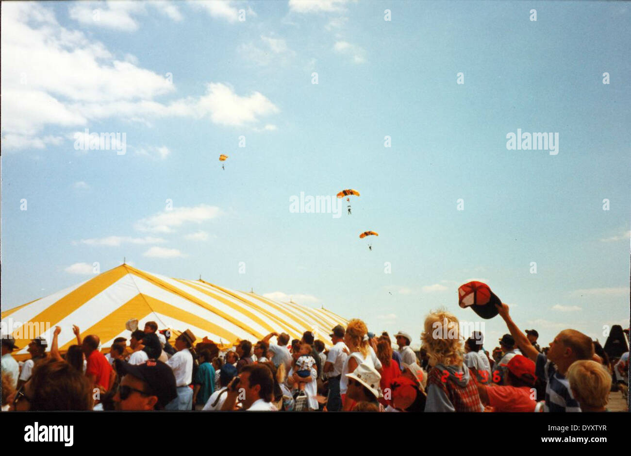 This 1996 photo captures parachutists in action during an unspecified ...