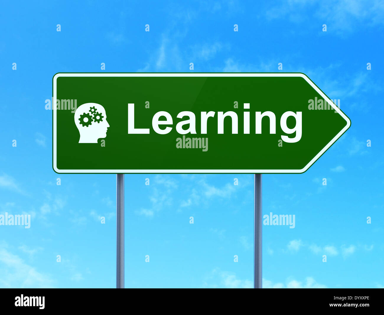 Education concept: Learning and Head With Gears on road sign background ...