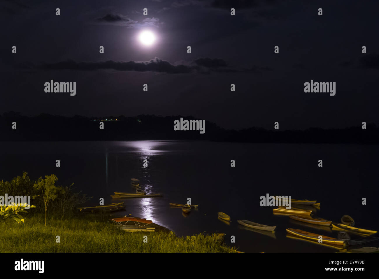 Altamira, Para State, Brazil. Xingu river by moonlight with wooden ...