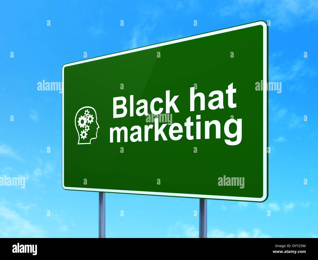 Business concept: Black Hat Marketing and Head With Gears on road sign ...