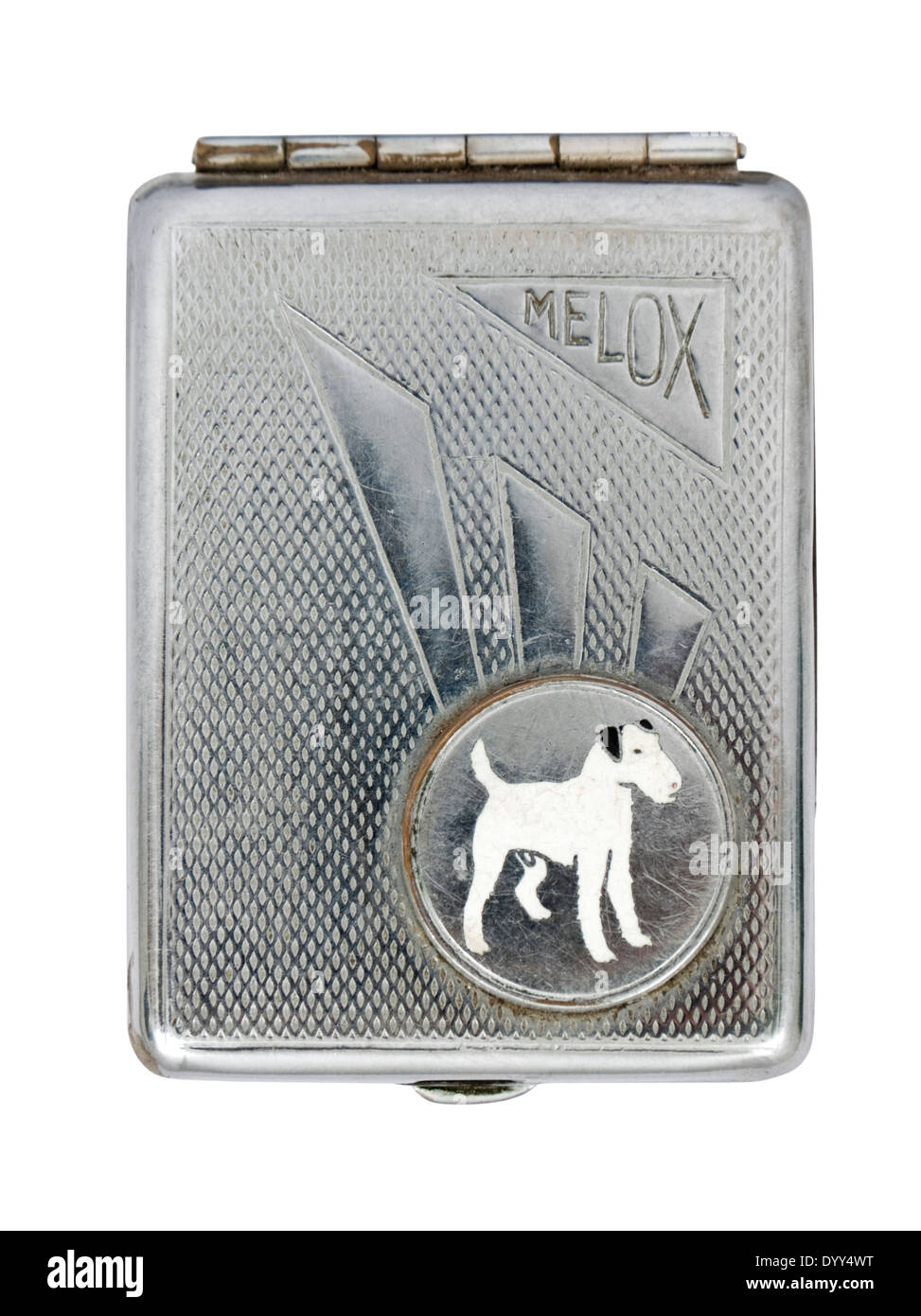 Vintage 1930's Art Deco stainless steel vesta case, advertising Melox ...