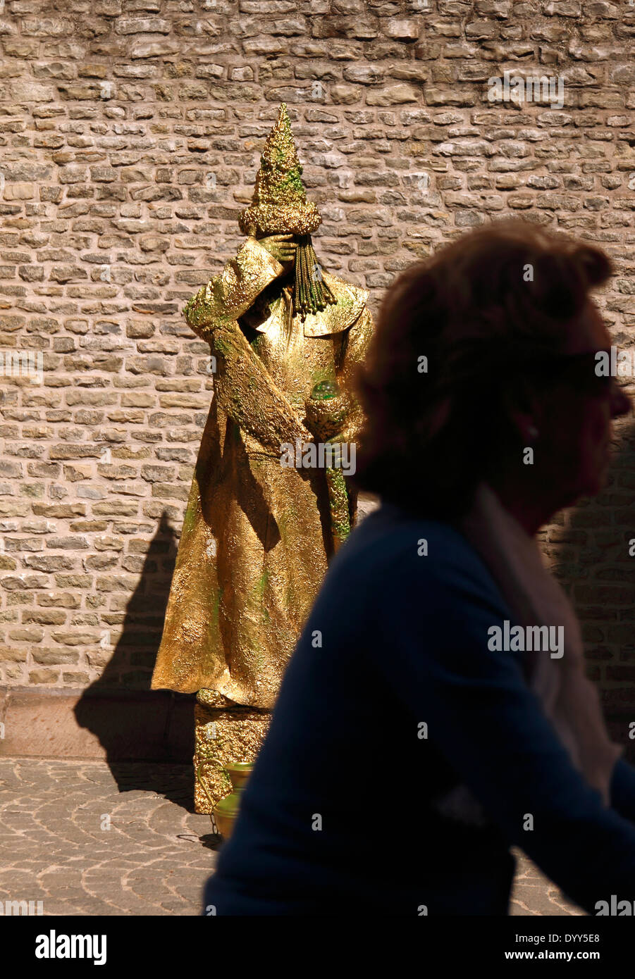 Golden man, human statue, street entertainer, busker, Bruges, Belgium ...