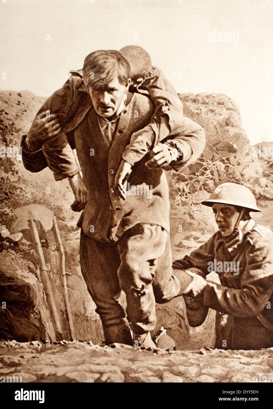 WW1 illustration from 1914 with the caption "Carrying in the wounded ...