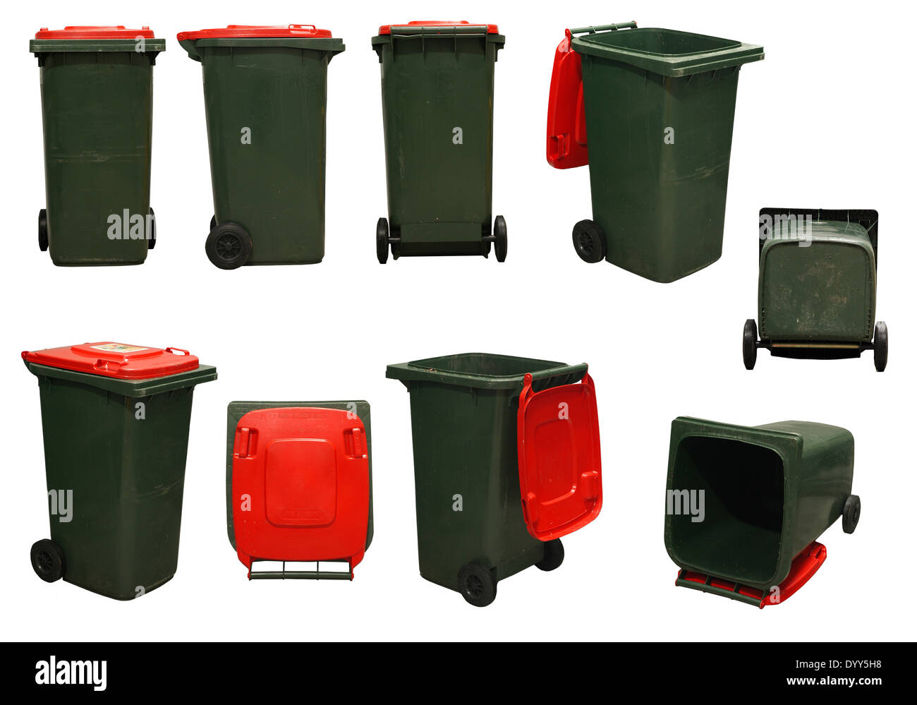 several red garbage bins isolated on white background Stock Photo - Alamy