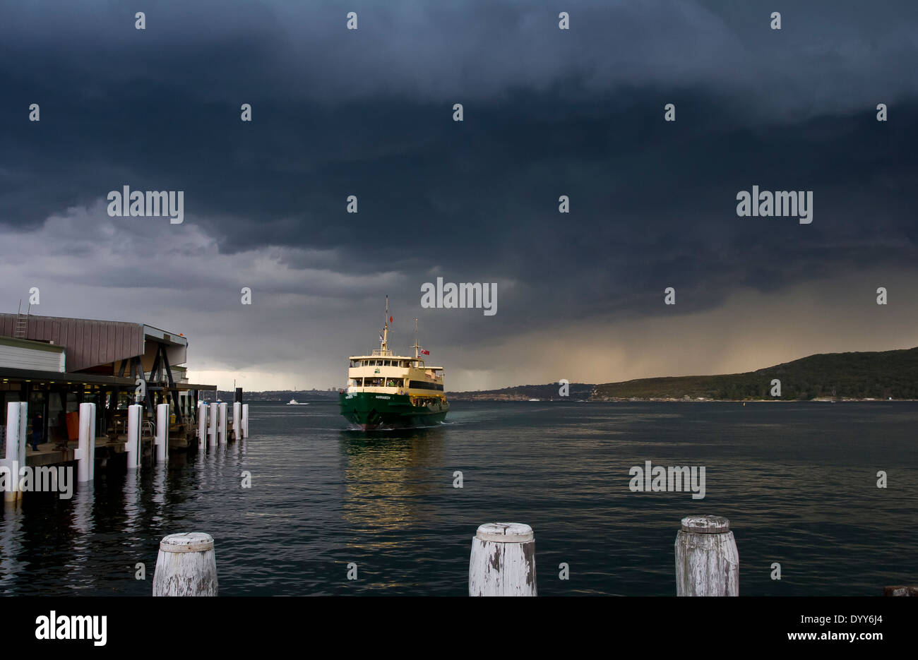 Ferry boat arriving at Manly Wharf terminal in calm water with a ...