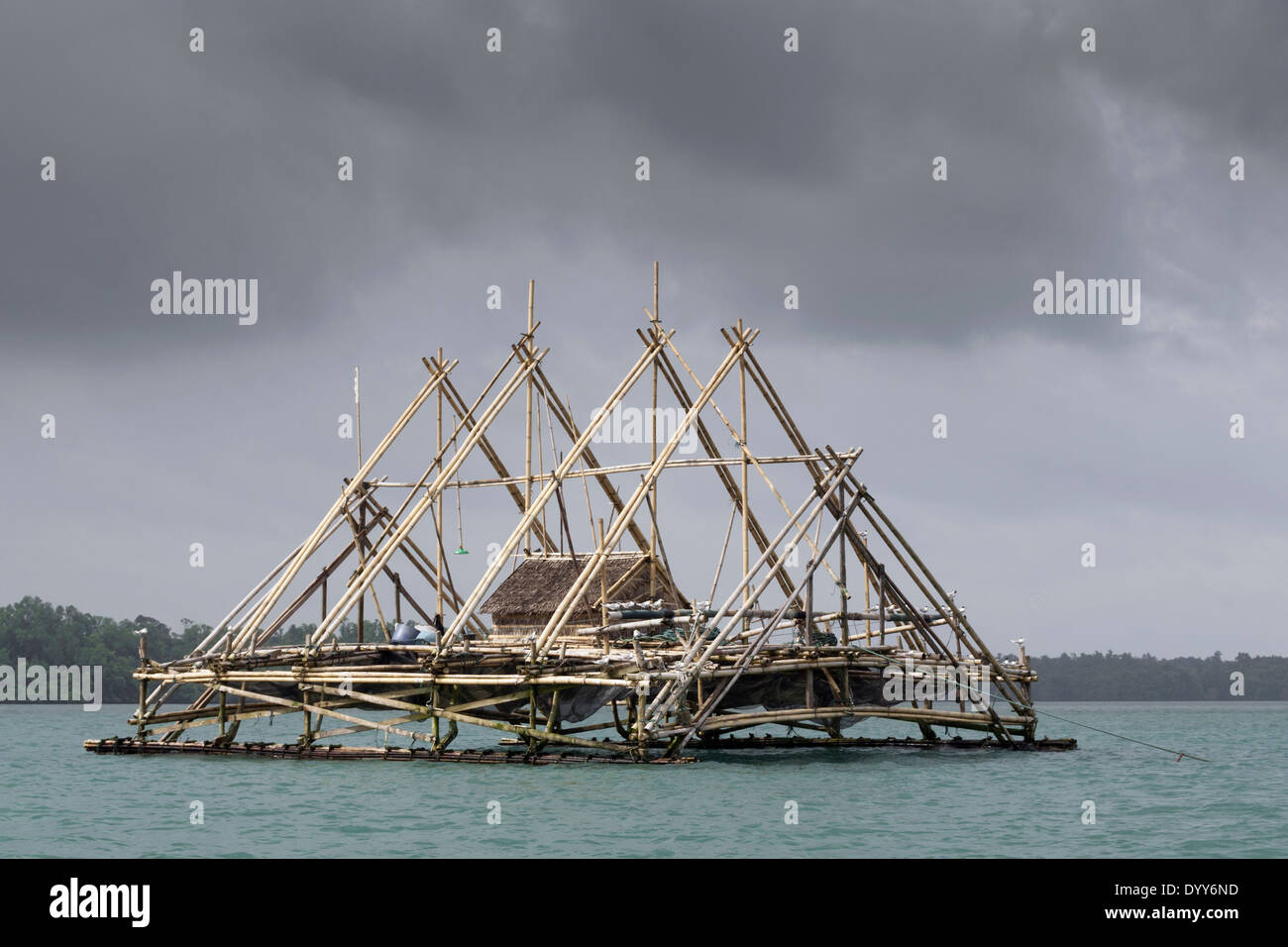 Fishing platform anchored near Ujung Kulon National Park, West Java ...