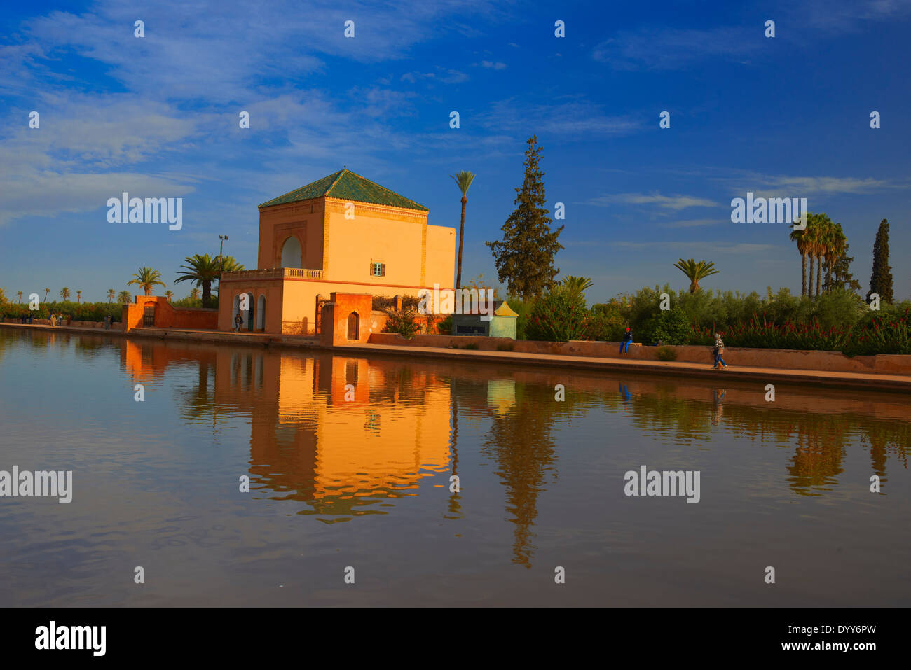 Marrakech, La Menara at Sunset, Menara Gardens, Saadier Palace in the ...