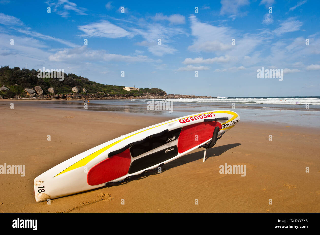 surf lifesaving rescue board low tide sand beach sunny day Australia ...