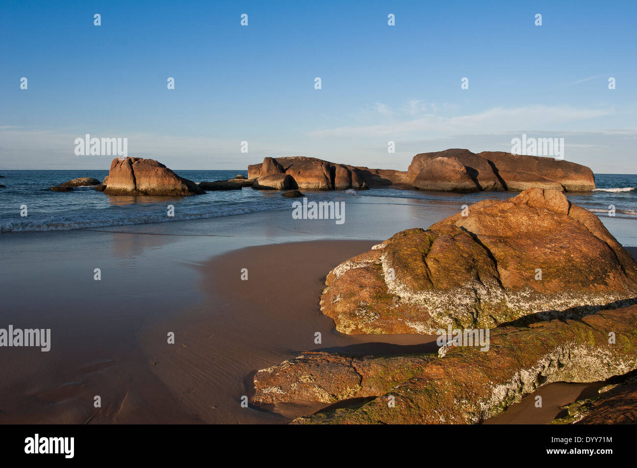 Low angle photo of beach and ocean rocks at low tide with blue sky calm ...