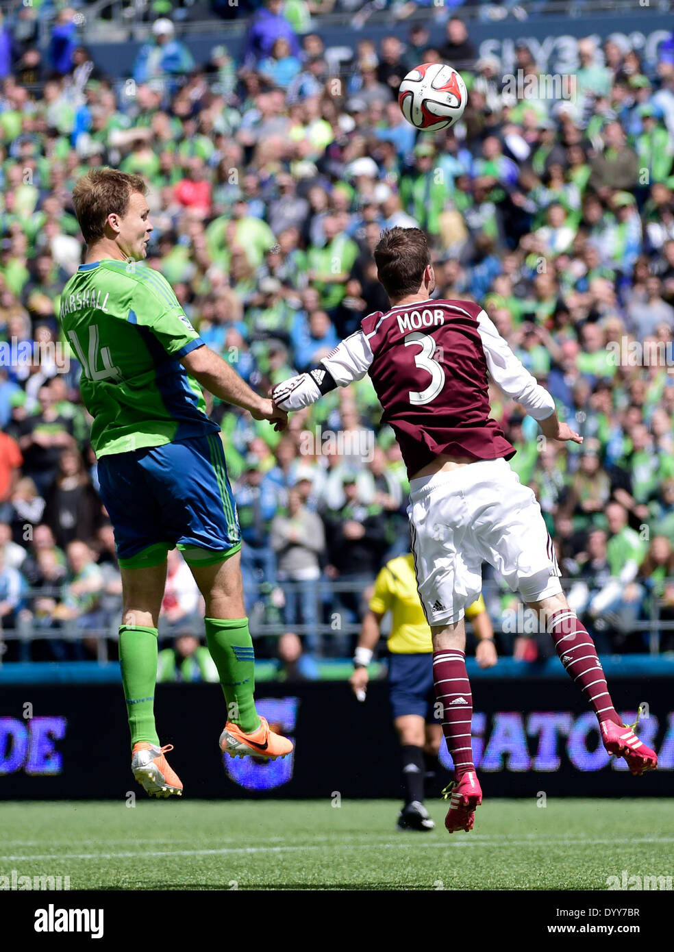 April 26, 2014. Seattle Sounders FC defender Chad Marshall #14 wins a ...