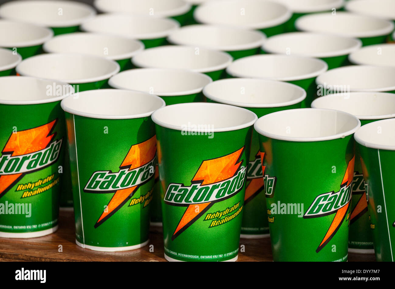 Gatorade cups lined up for Royal Victoria Marathon-Victoria, British ...