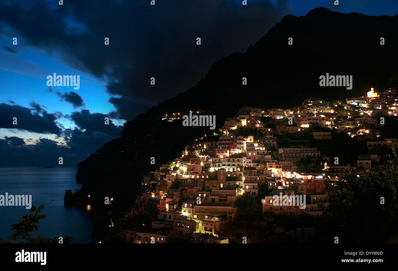aerial view Lights of Positano at night, Amalfi Coast Italy Stock Photo ...