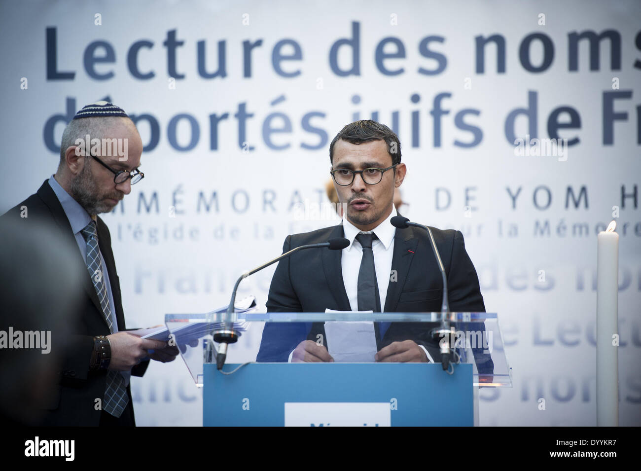 Paris, France. 27th Apr, 2014. Boxer Brahim Asloum reads from a list of ...