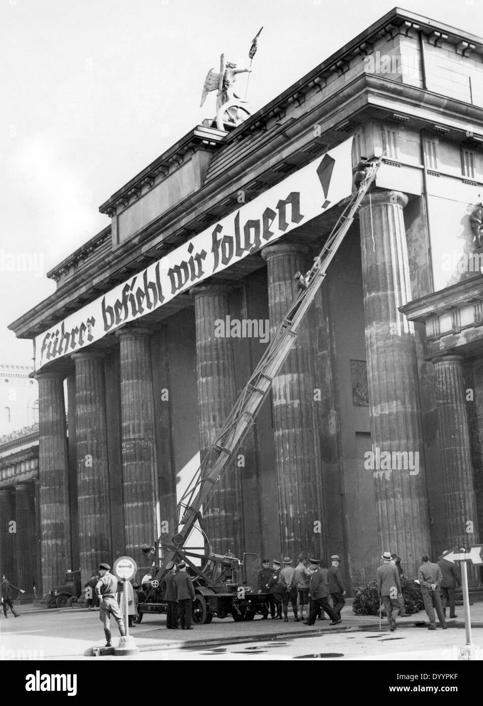 Brandenburg Gate is being decoratd for May 1, Berlin, 1936 Stock Photo ...