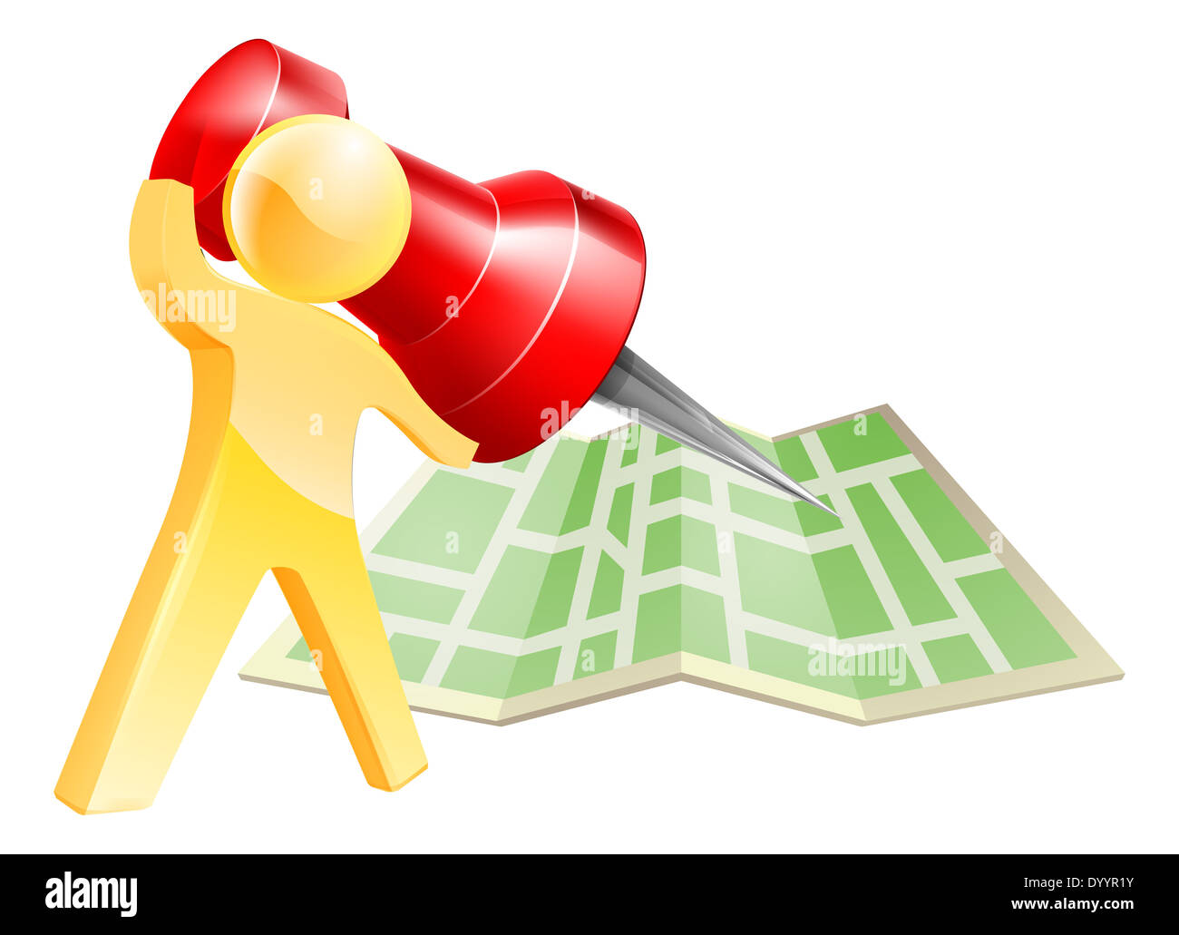 Map pin gold person concept of a gold mascot figure about to mark a ...