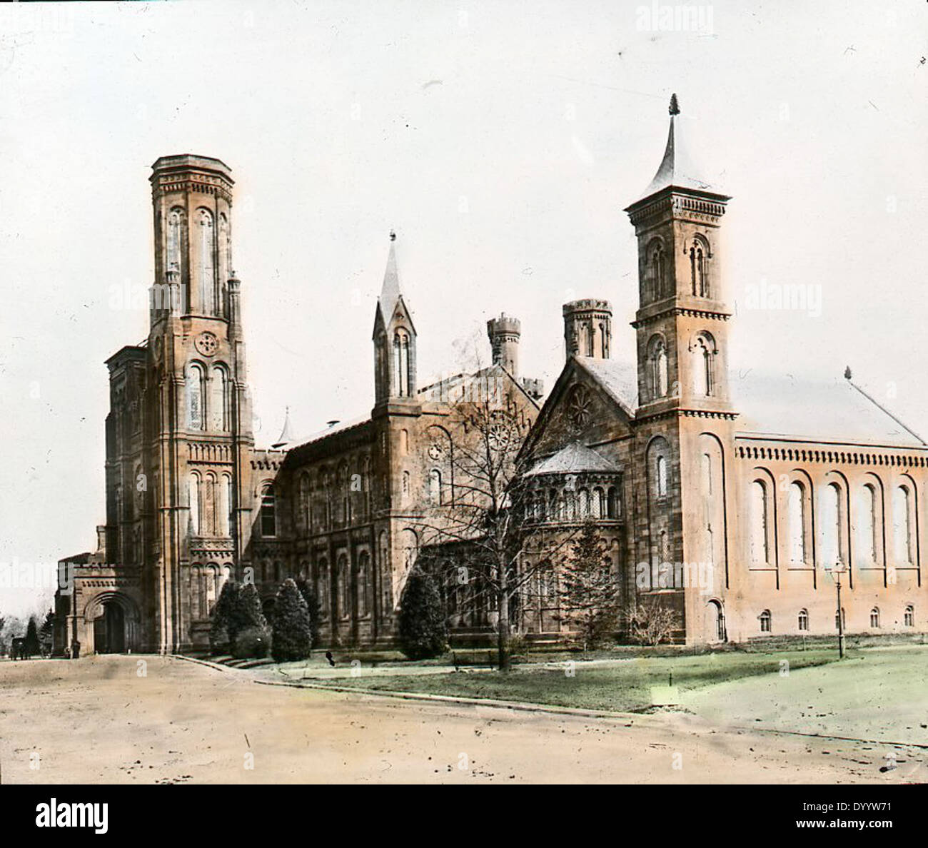 A historic photograph of the Smithsonian Castle, located on the ...