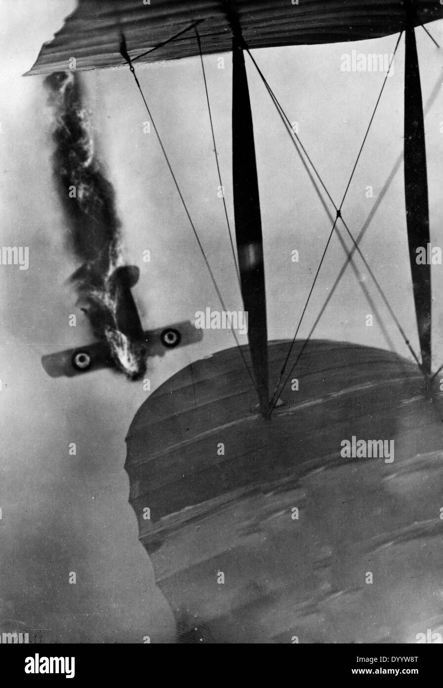 Crashing British airplane at the western front in the First World War ...