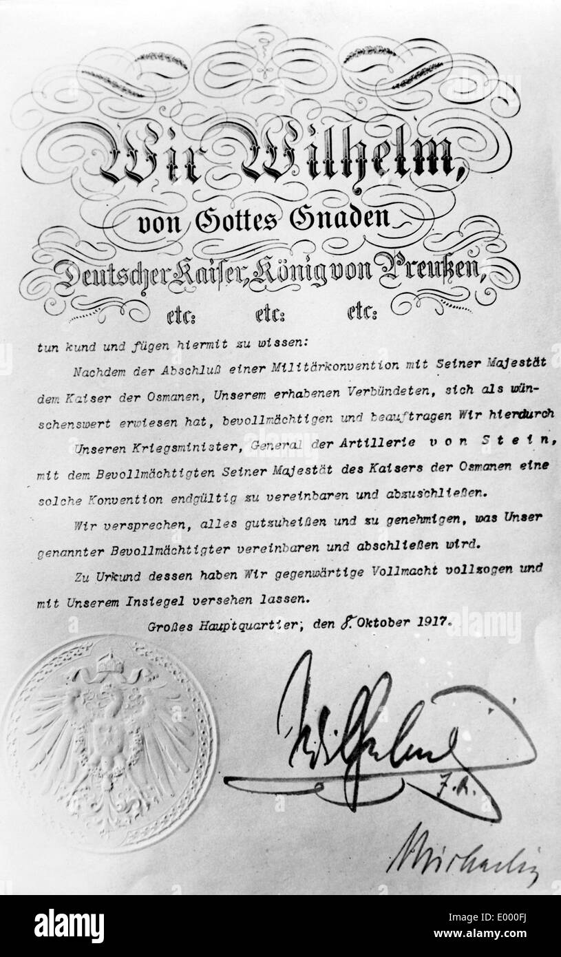 Authorisation of a German-Turkish military contract, 1917 Stock Photo ...
