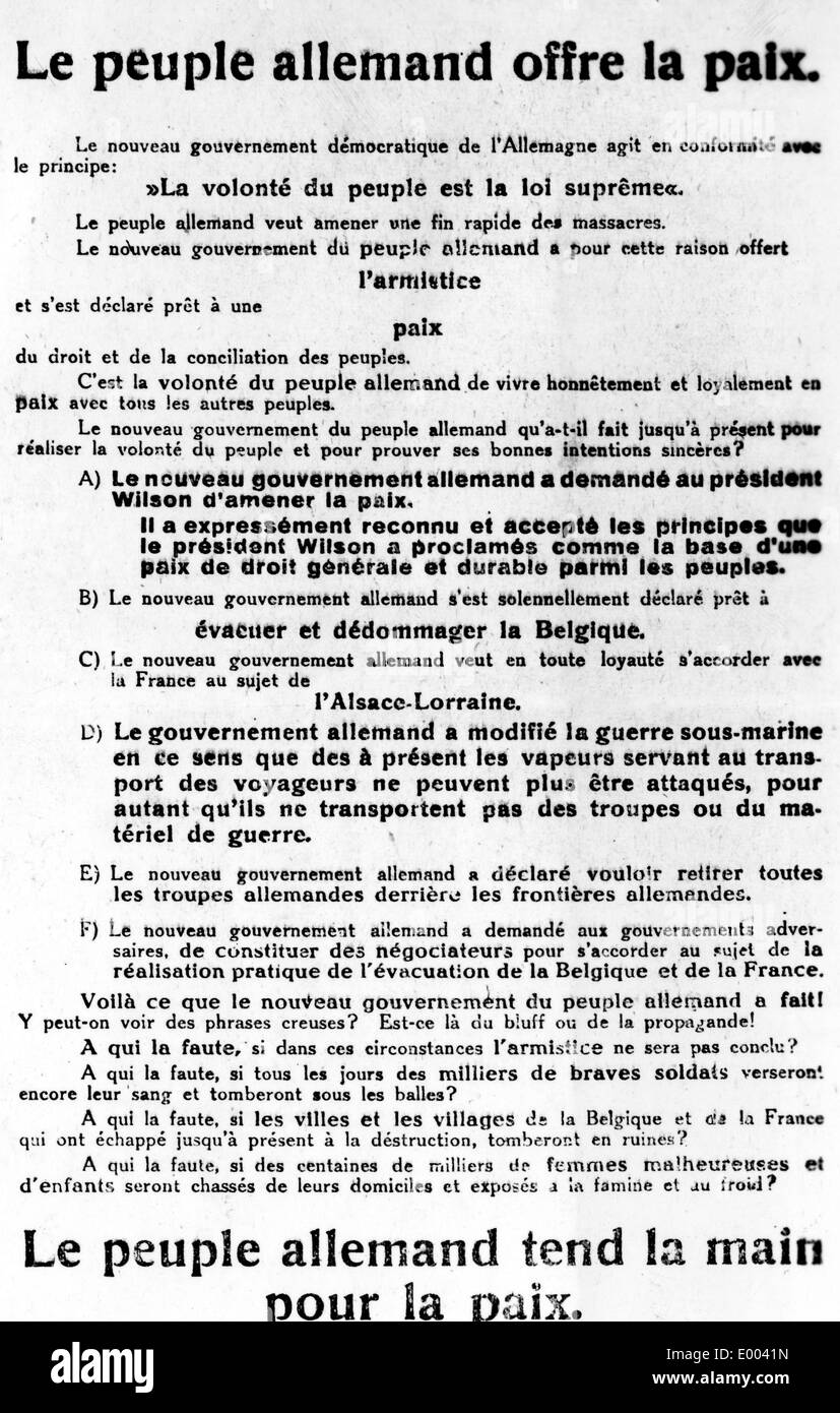 German leaflet offering a cease-fire on the Western Front, 1918 Stock ...