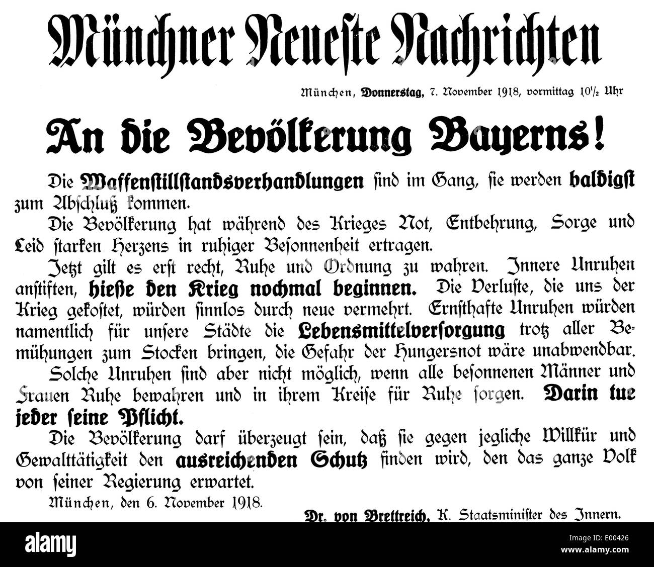 Munich newspaper notification from the last days of war, 1918 Stock ...