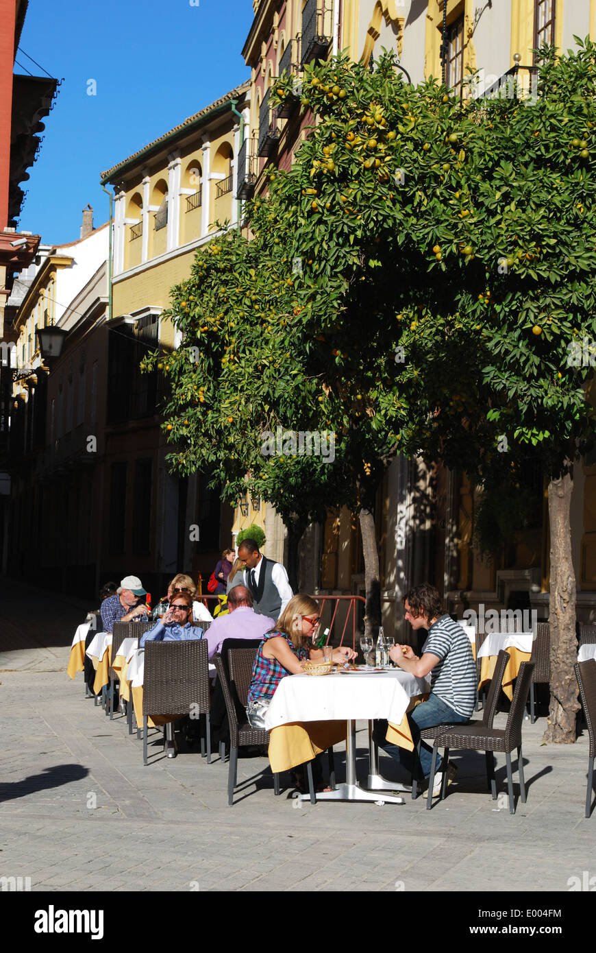 Pavement restaurant near the Cathedral, Seville, Spain, Western Europe ...