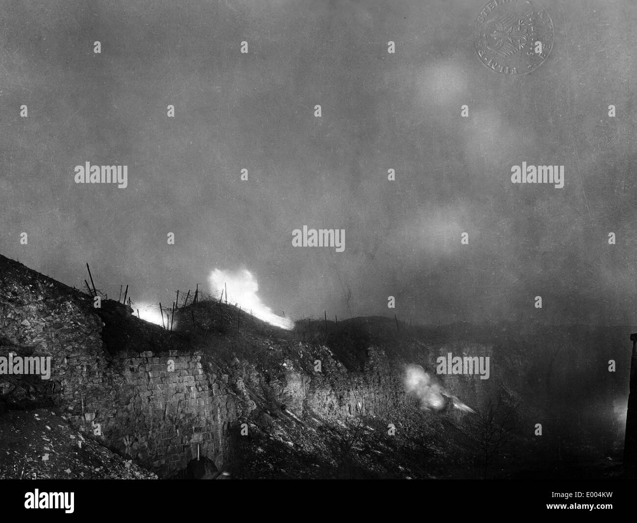 Shrapnel clouds over a fortified position during the First World War ...