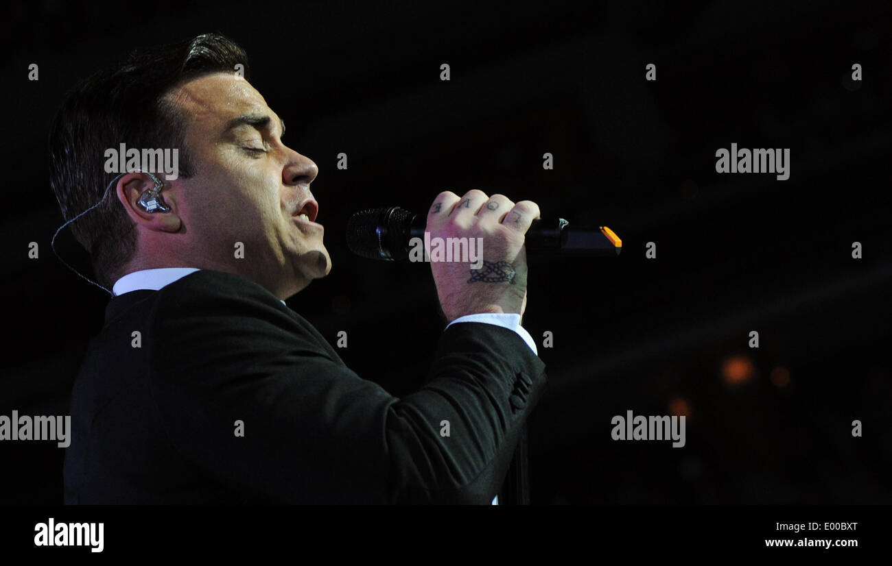 British singer Robbie Williams performs during a concert in Prague ...