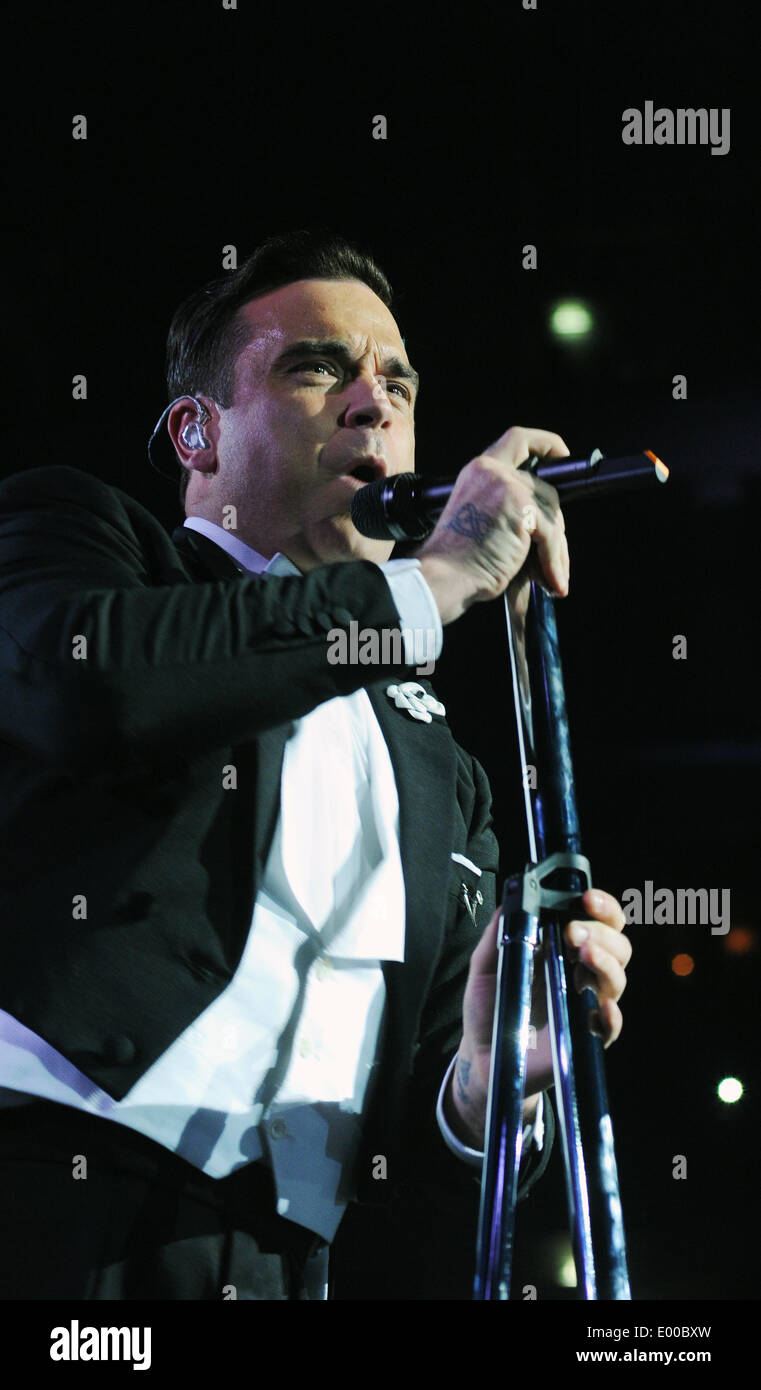British singer Robbie Williams performs during a concert in Prague ...