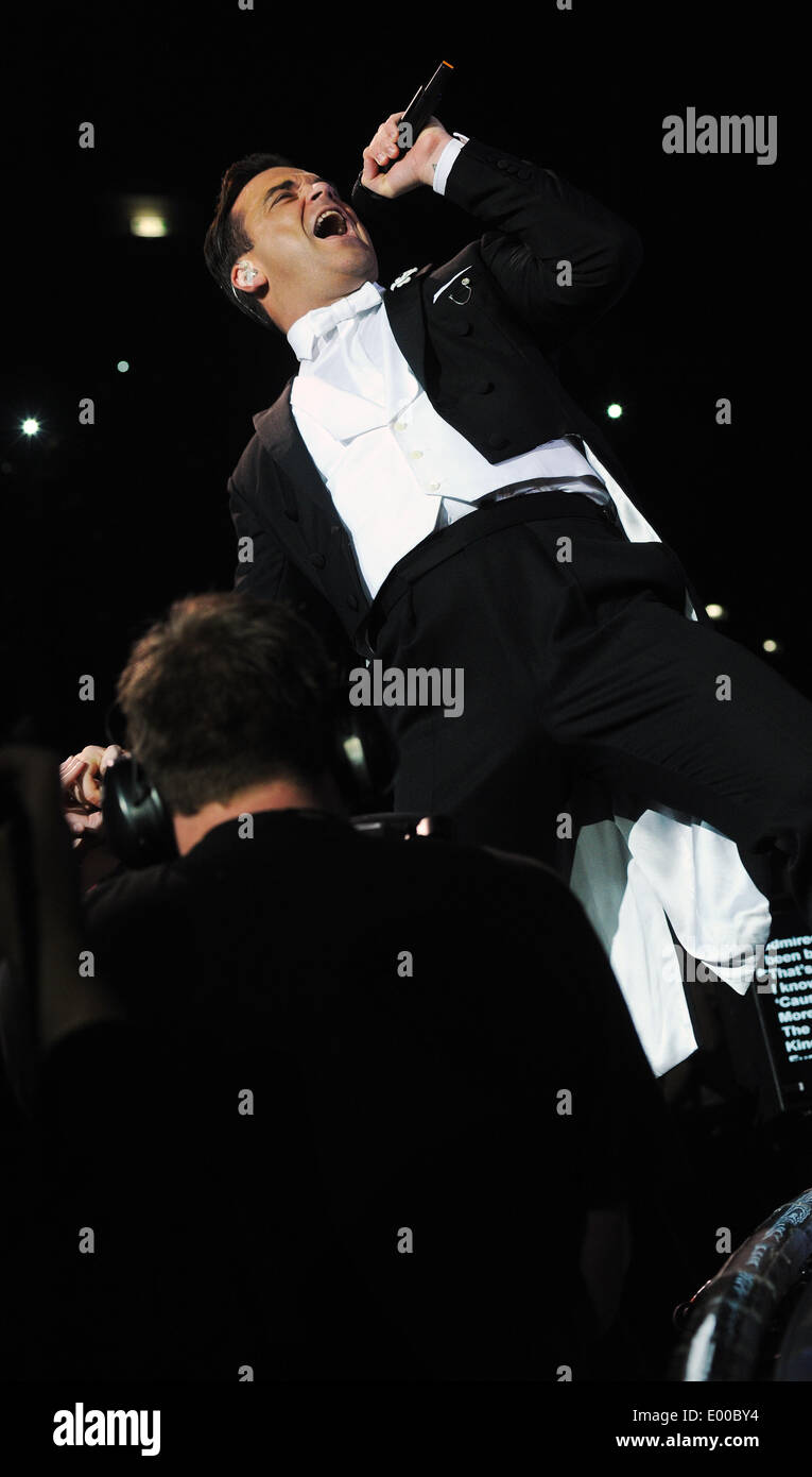 British singer Robbie Williams performs during a concert in Prague ...