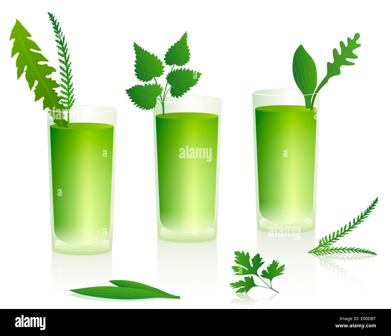Three glasses filled with green smoothie, a healthy drink with herbs of ...